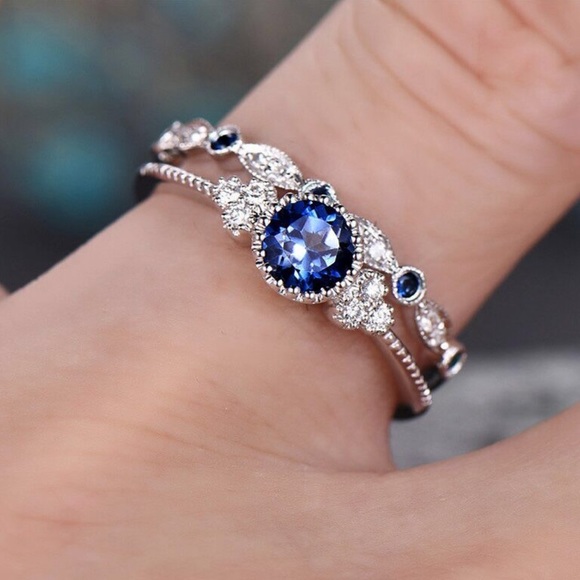 Jewelry | Nwt 2pcsset Luxury Blue Stone Crystal Rings | Poshmark
